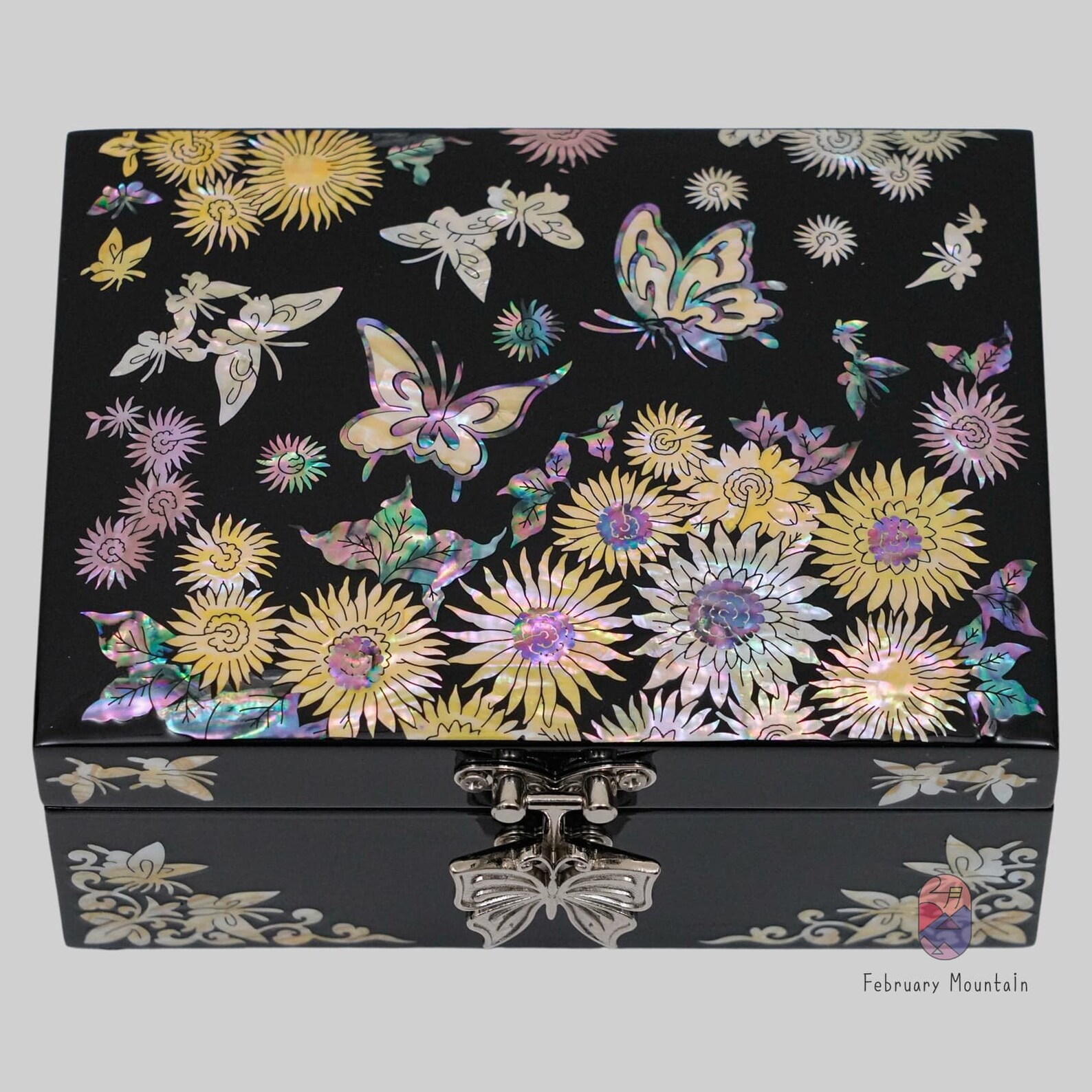 FEBRUARY MOUNTAIN Mother of Pearl Box With Ring Tray Butterfly Lover ...