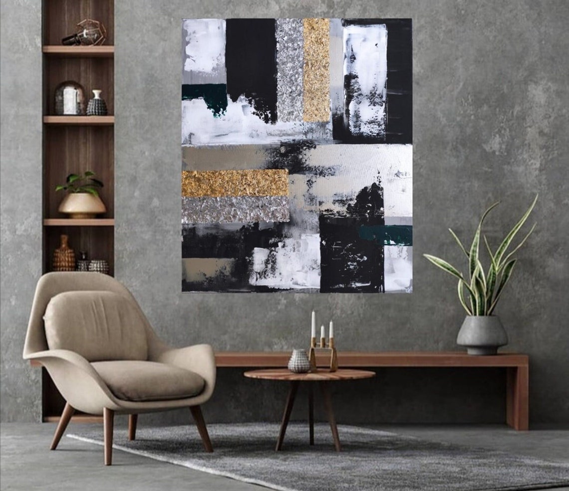 Original Textured Large Abstract Gold Silver Foil Painting on Stretched ...