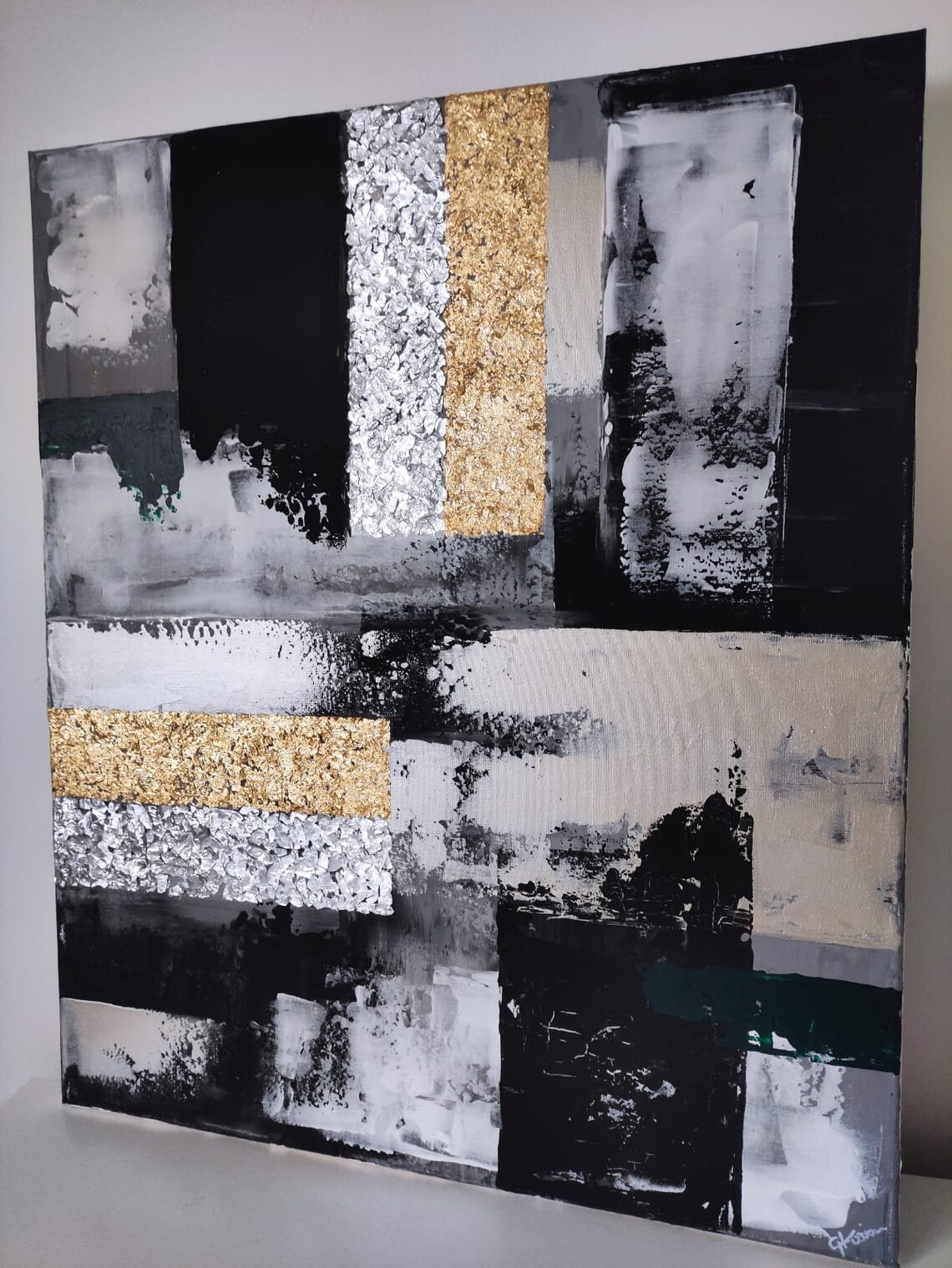 Original Textured Large Abstract Gold Silver Foil Painting on Stretched ...