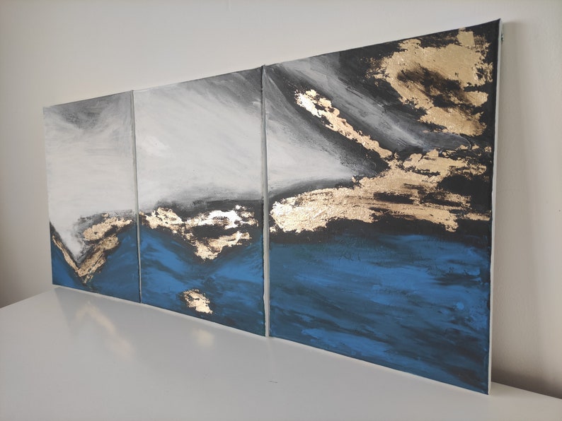 Set 3 Panels Extra Large Original Gold Leaf Abstract Textured Painting ...