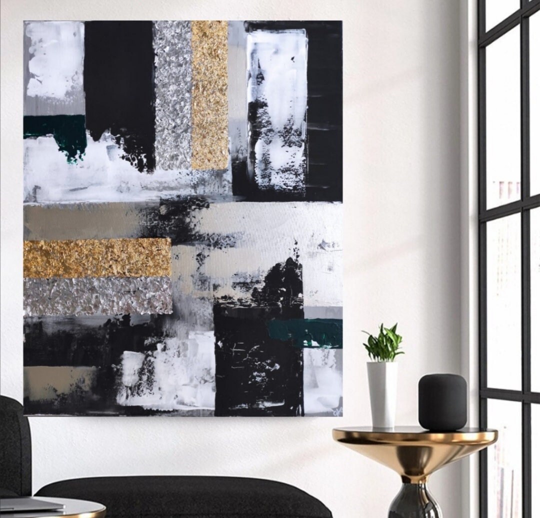 Original Textured Large Abstract Gold Silver Foil Painting on Stretched ...