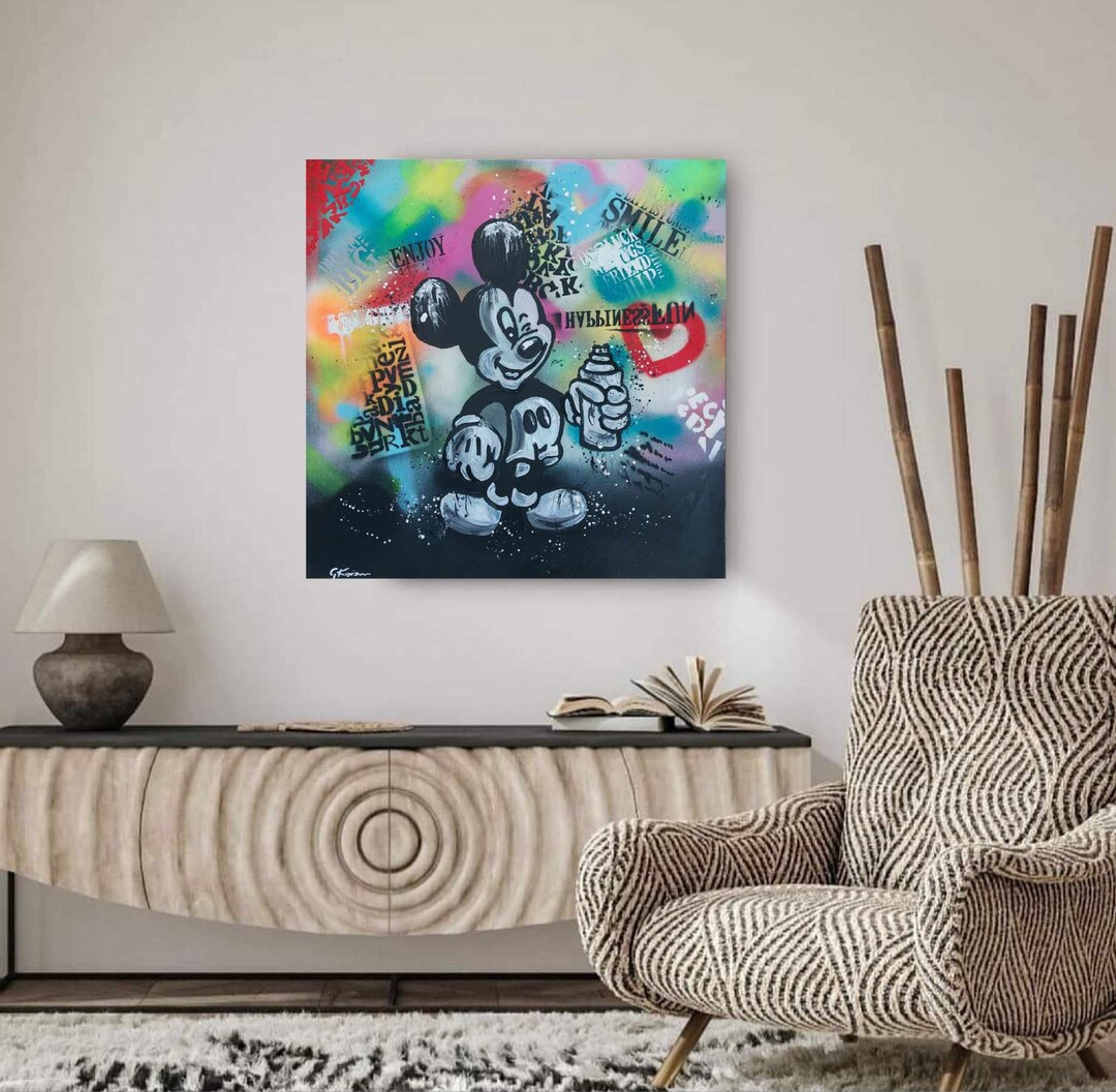 Original Extra Large Handmade Mickey Mouse Banksy Painting Stretched ...