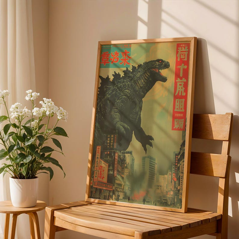 Vintage Godzilla Poster, Japanese Monster Wall Art Print, Kaiju City ...