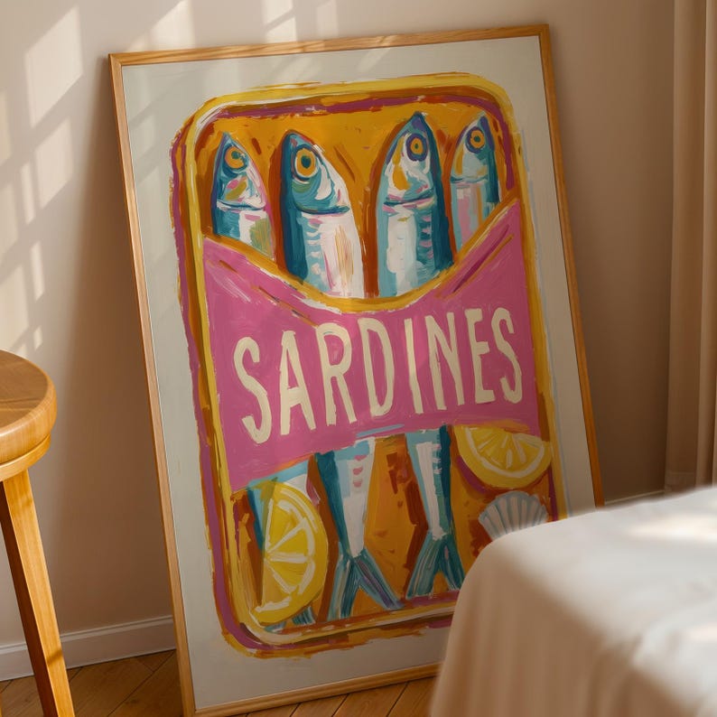 Retro Sardines Wall Art Print – Colorful Kitchen Poster, Mediterranean ...