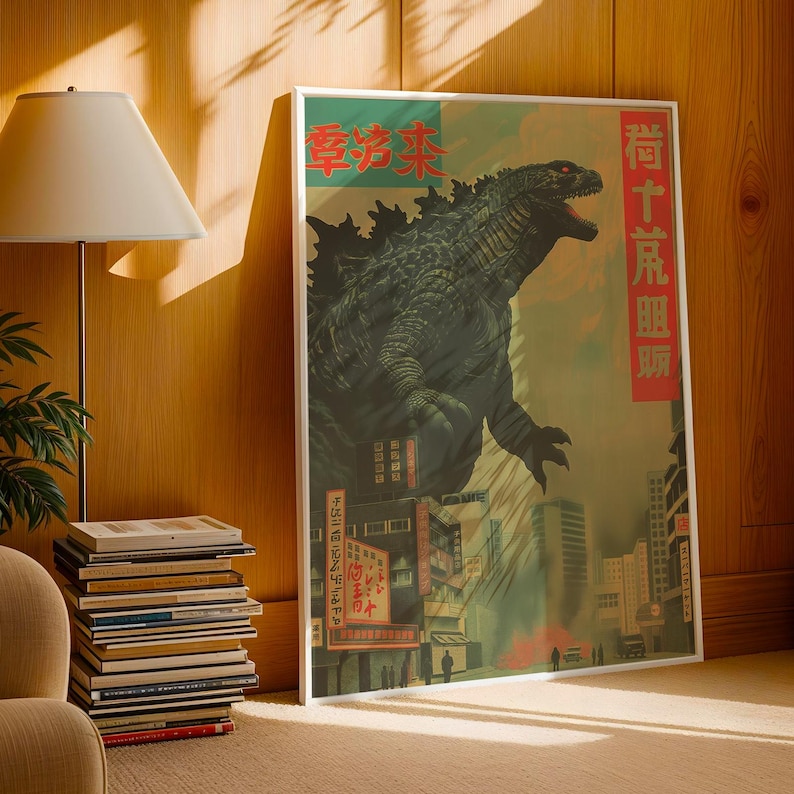 Vintage Godzilla Poster, Japanese Monster Wall Art Print, Kaiju City ...