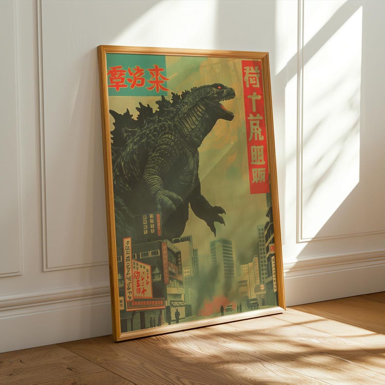 Vintage Godzilla Poster, Japanese Monster Wall Art Print, Kaiju City ...