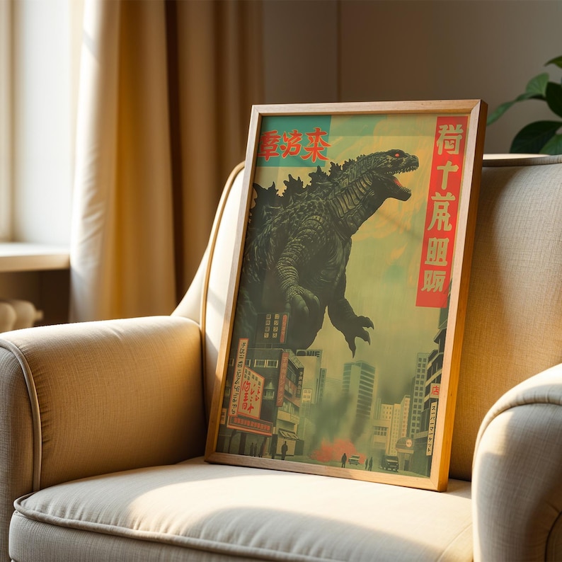 Vintage Godzilla Poster, Japanese Monster Wall Art Print, Kaiju City ...