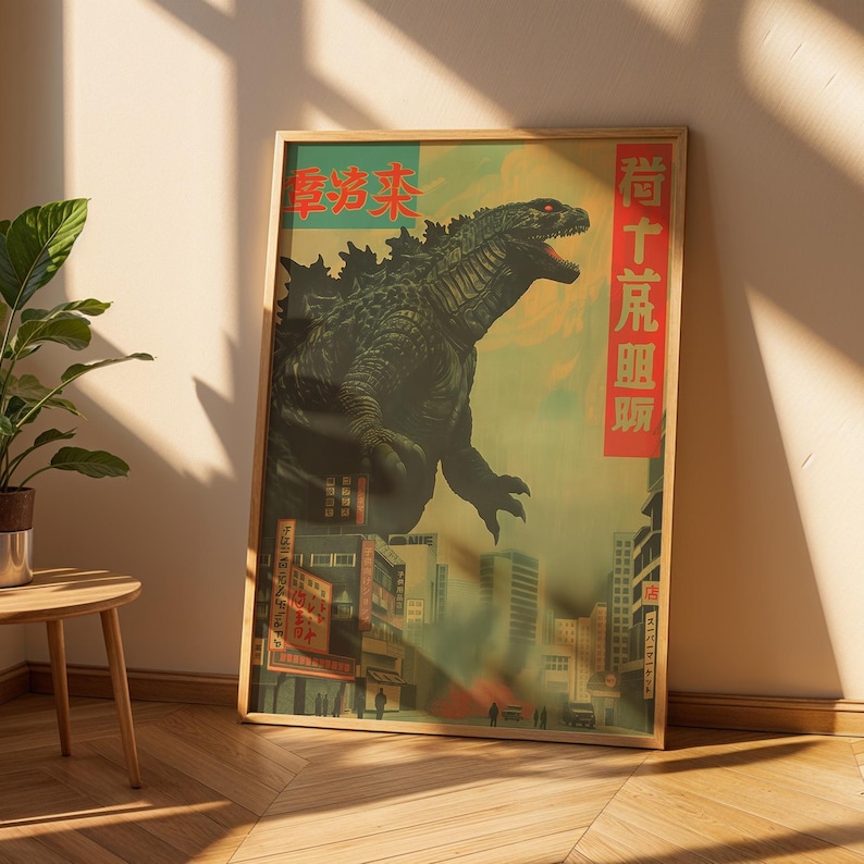 Vintage Godzilla Poster, Japanese Monster Wall Art Print, Kaiju City ...
