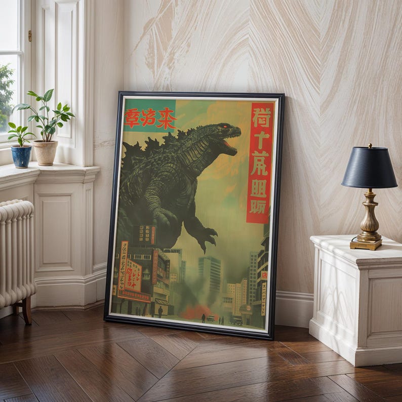 Vintage Godzilla Poster, Japanese Monster Wall Art Print, Kaiju City ...