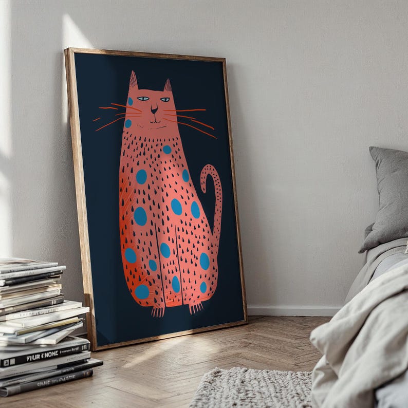 Pink Cat Art Print: Whimsical Colorful Illustration (digital Download ...