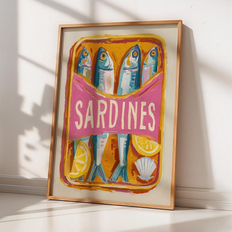 Retro Sardines Wall Art Print – Colorful Kitchen Poster, Mediterranean ...