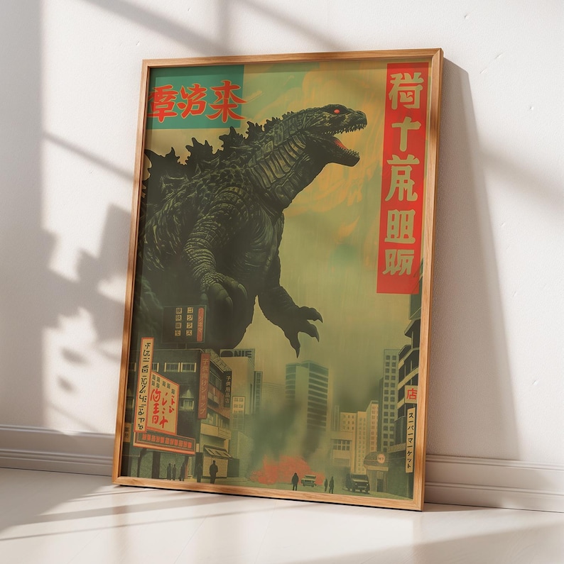 Vintage Godzilla Poster, Japanese Monster Wall Art Print, Kaiju City ...