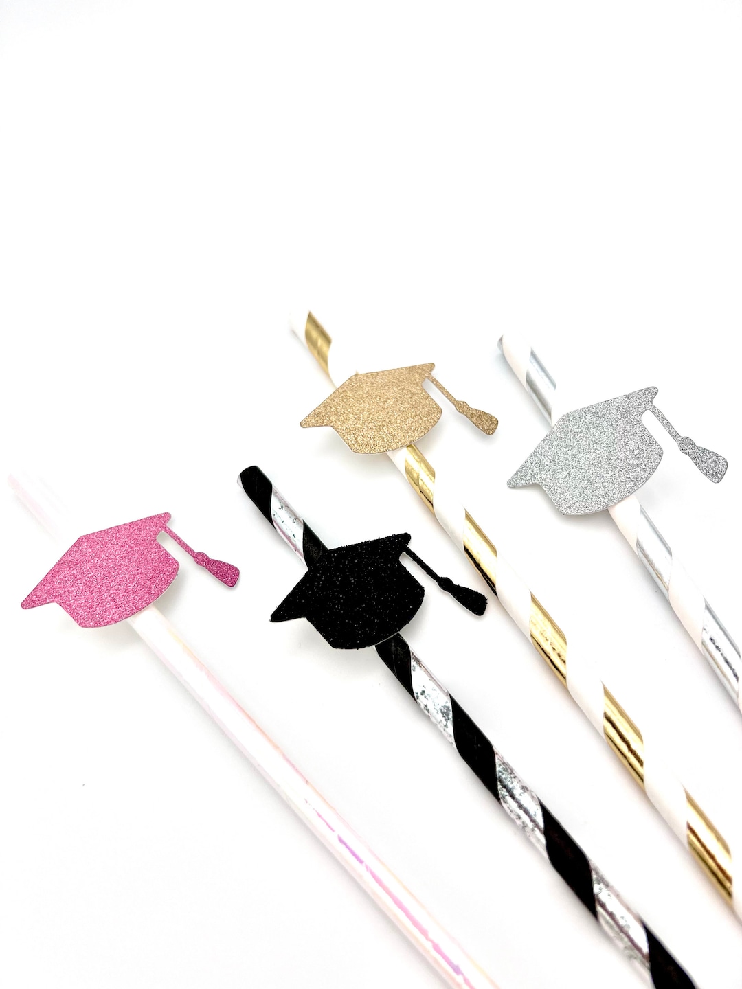 Pack of 10 Straws Glitter Graduation Cap Paper Party Straws Gold Black ...