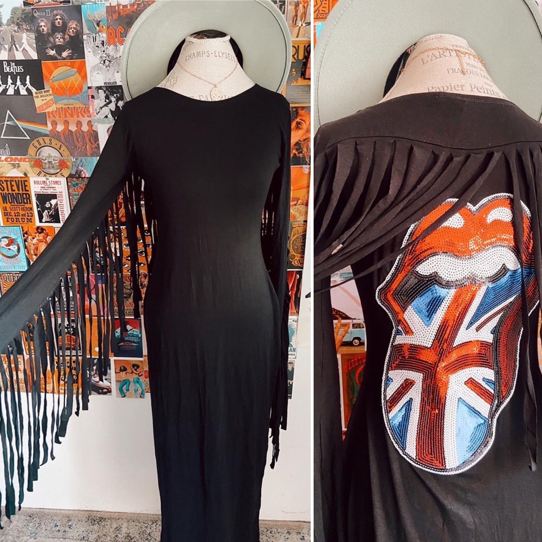 Size L - Upcycled Black Rock N Roll Dress With Fringe and Rolling ...