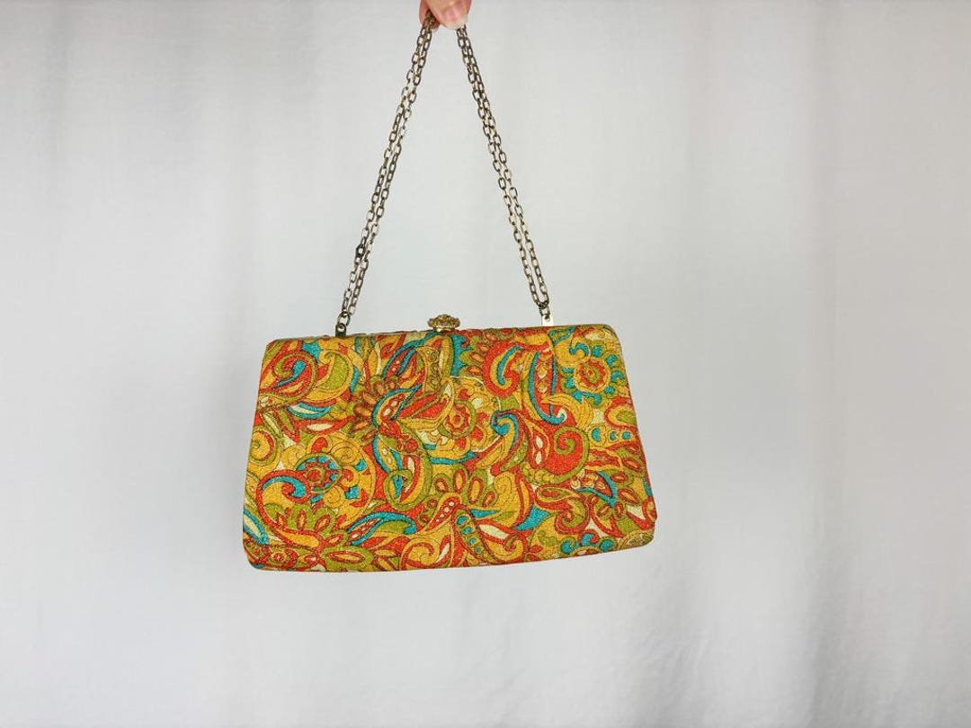 1960s/70s Vintage Paisley Print With Golden Sparkles Clutch Purse/ Gold ...