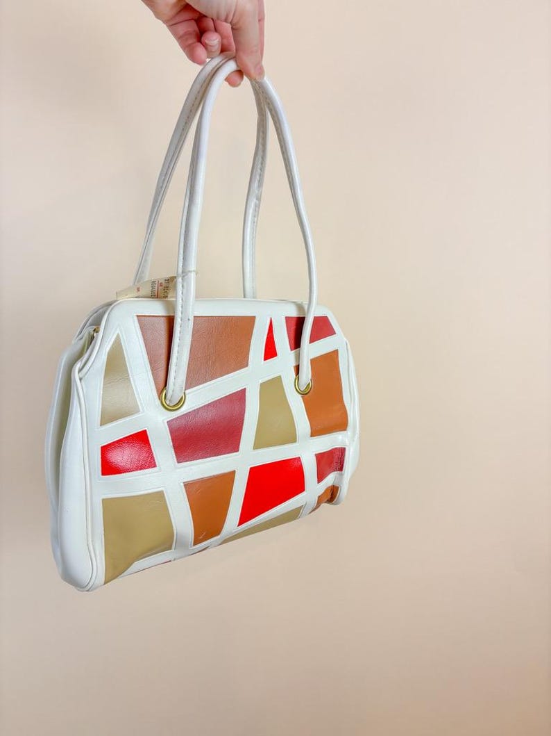 1960s Vintage Mod Geometric Tan, Brown, Red and White Handbag ...