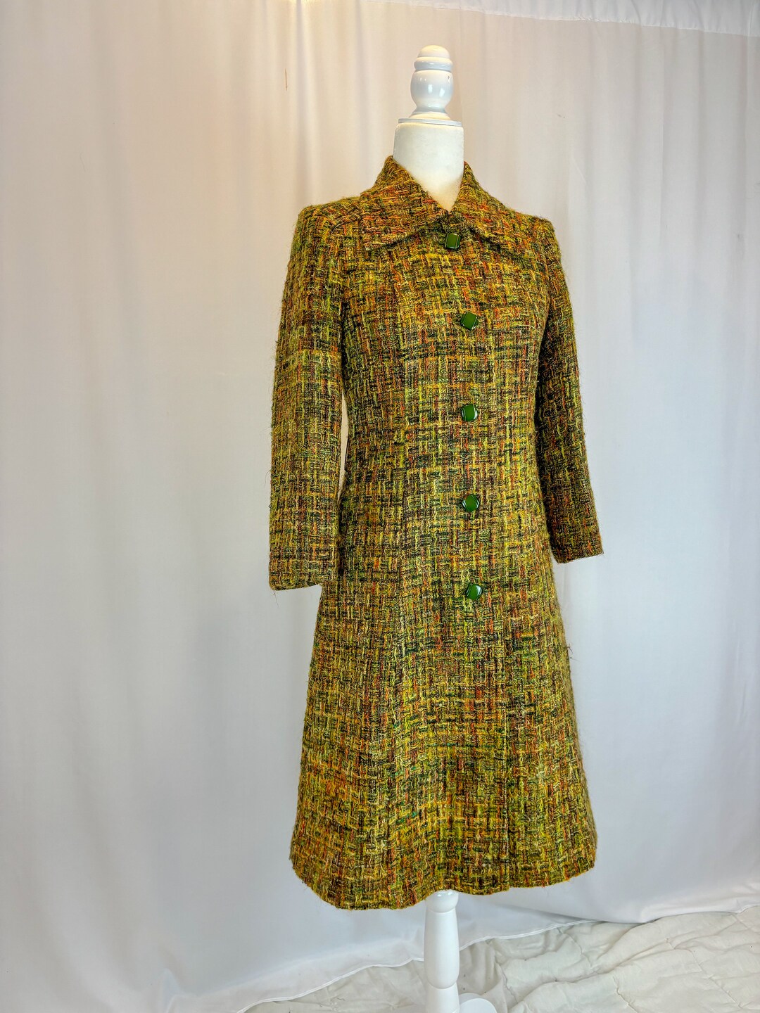 1960s Vintage Multicolored Mod Princess Style Coat With Green Buttons ...