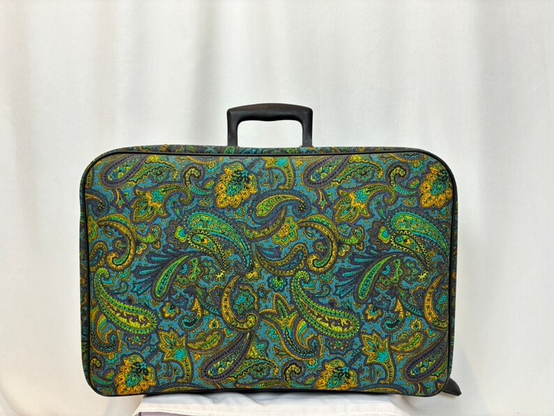1960s Vintage Green Blue and Yellow Paisley Design Fabric Suitcase ...