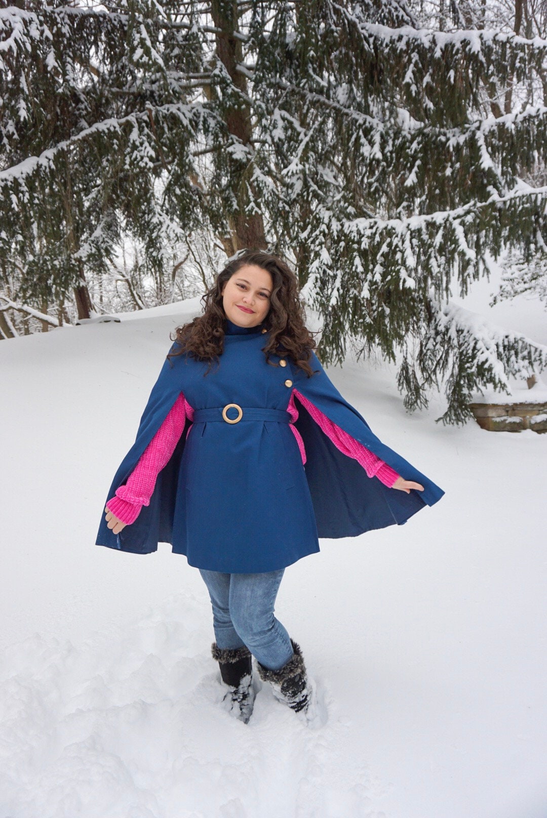 1960s Vintage Royal Blue Belted Twill Cape With Double Slit Arm ...