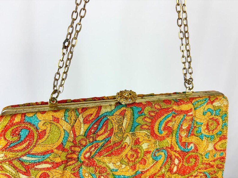 1960s/70s Vintage Paisley Print With Golden Sparkles Clutch Purse/ Gold ...