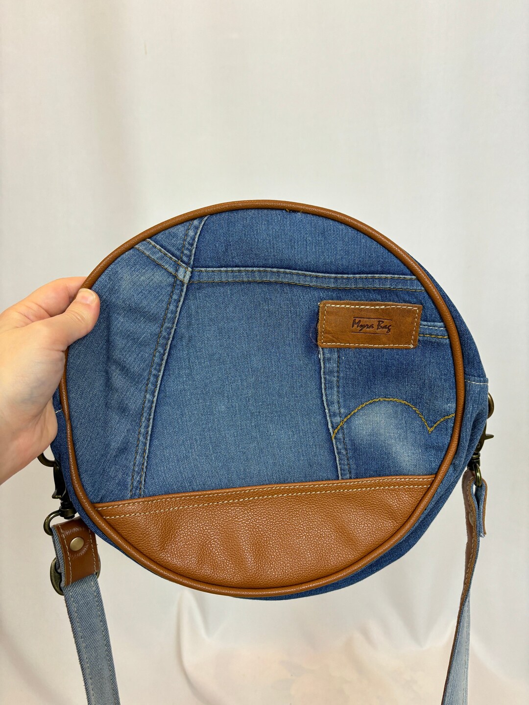 Modern Myra Jean and Leather Circular Shoulder Bag With Zipper Close ...
