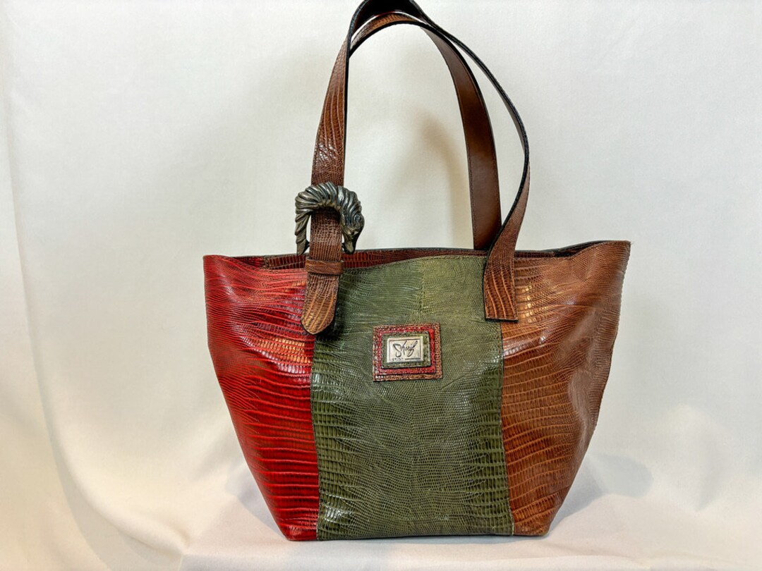 Sharif Studio Red Green and Brown Leather Handbag With Metal Horse ...