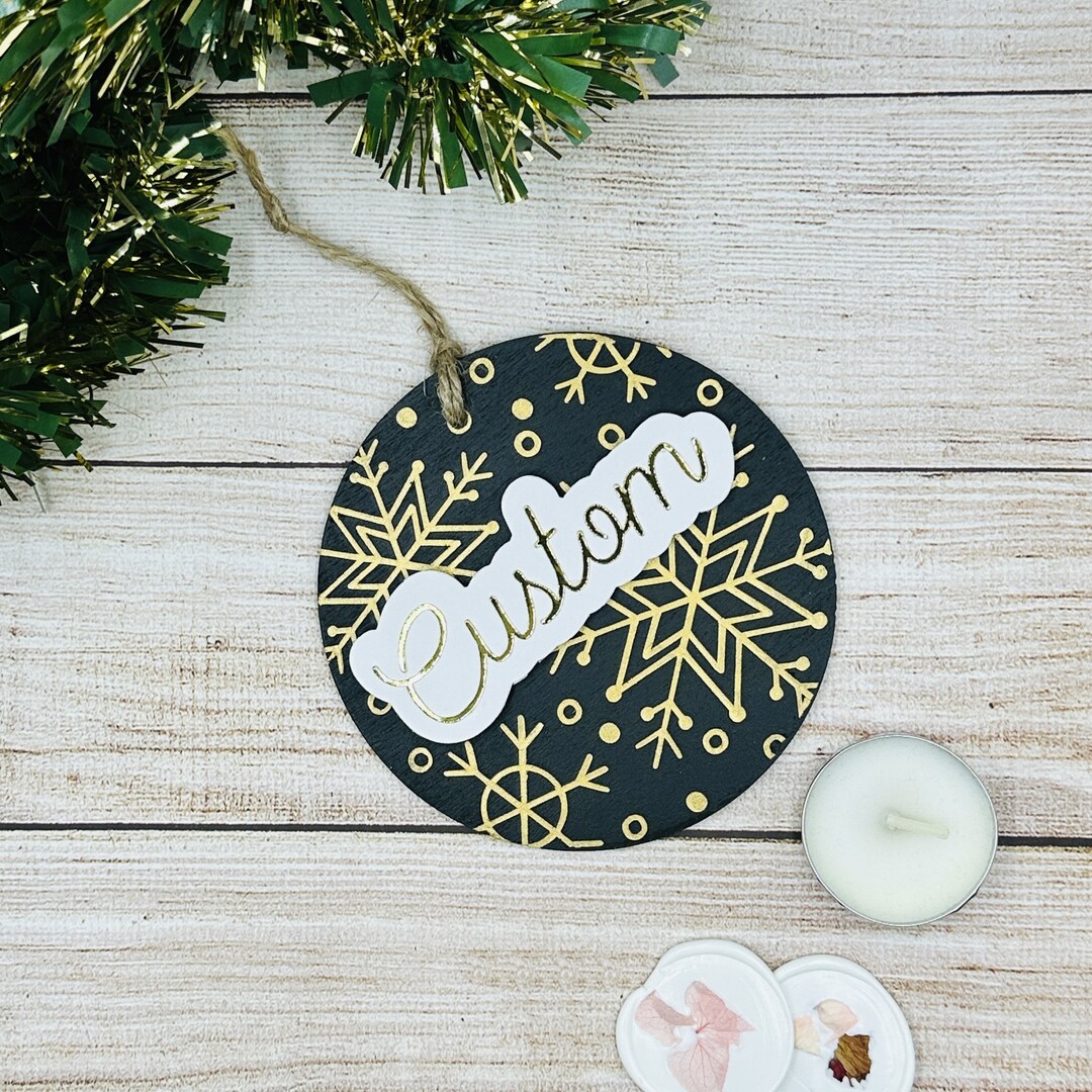 Black and Gold Christmas Ornament, Wood Christmas Ball With Custom Name ...