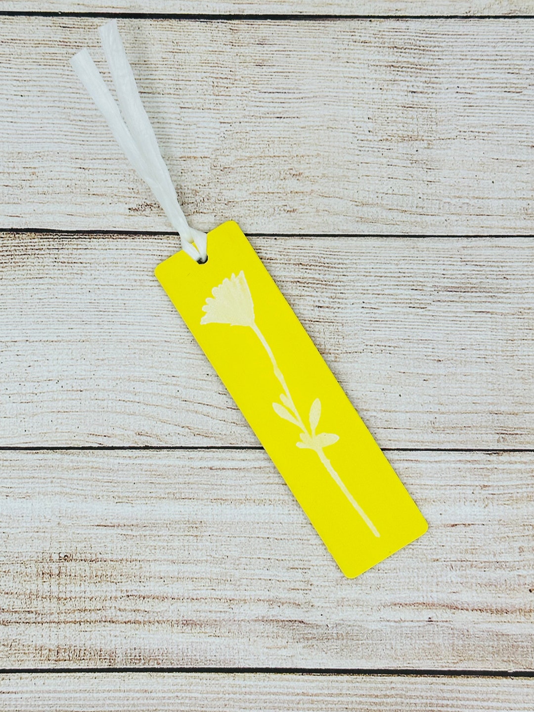 Pastel Yellow Bookmark With Long White Flower, Yellow Wood Bookmark ...
