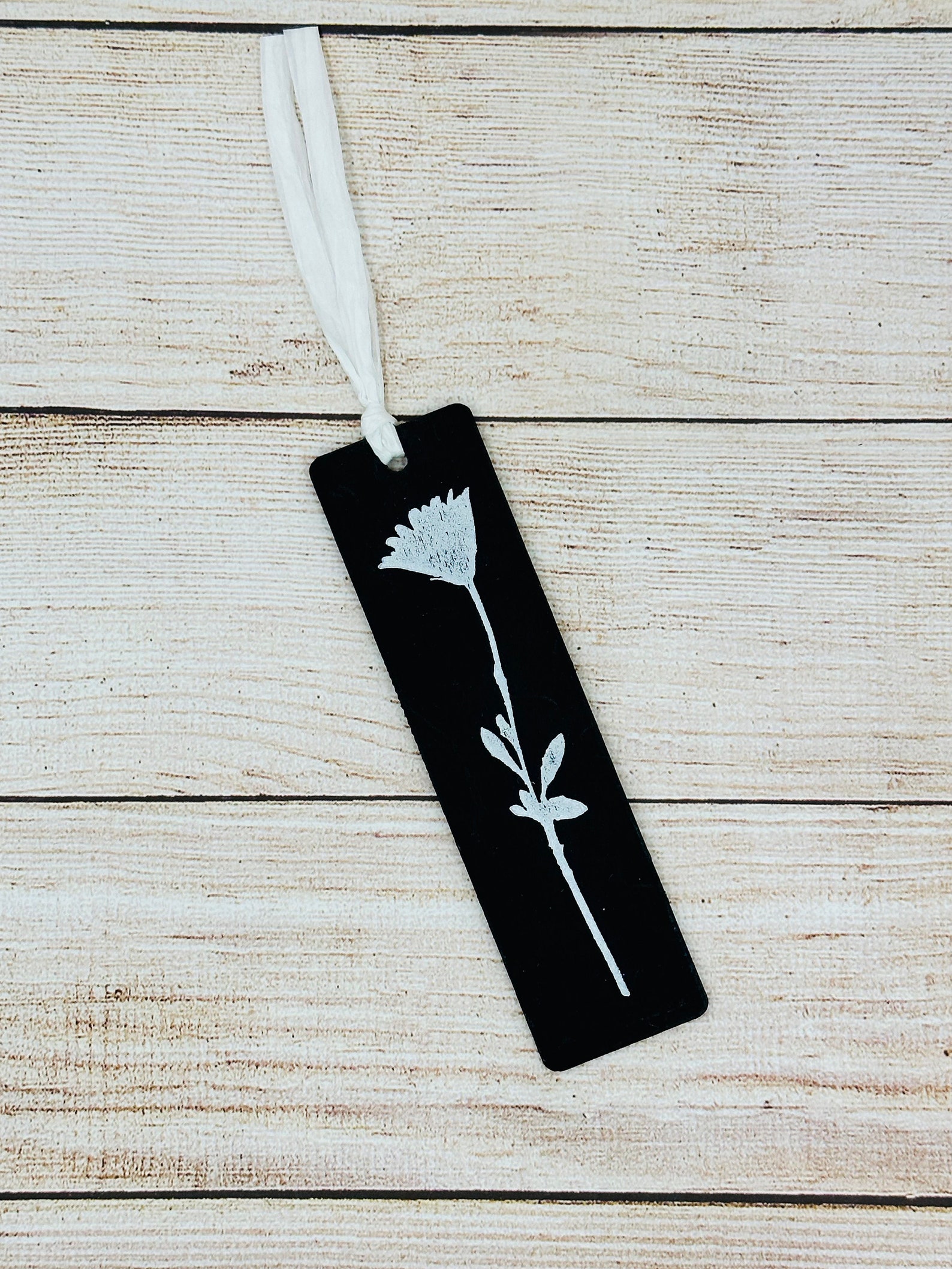 Black Bookmark With Long White Flower, Black Wood Bookmark, Wood Floral ...