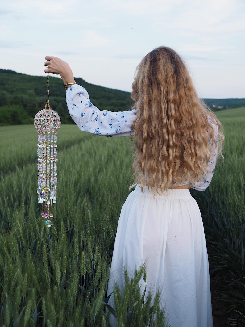 Crystal Wind Chime Suncatcher in Pastel Colors and Moon Charm - Soraya ...