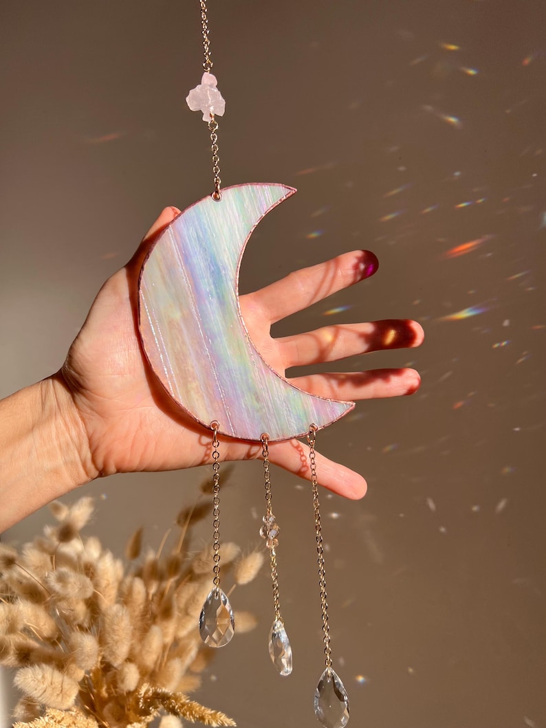 Stained Glass Moon Wall Hanging/ Suncatcher Window Decor- Iridescent ...