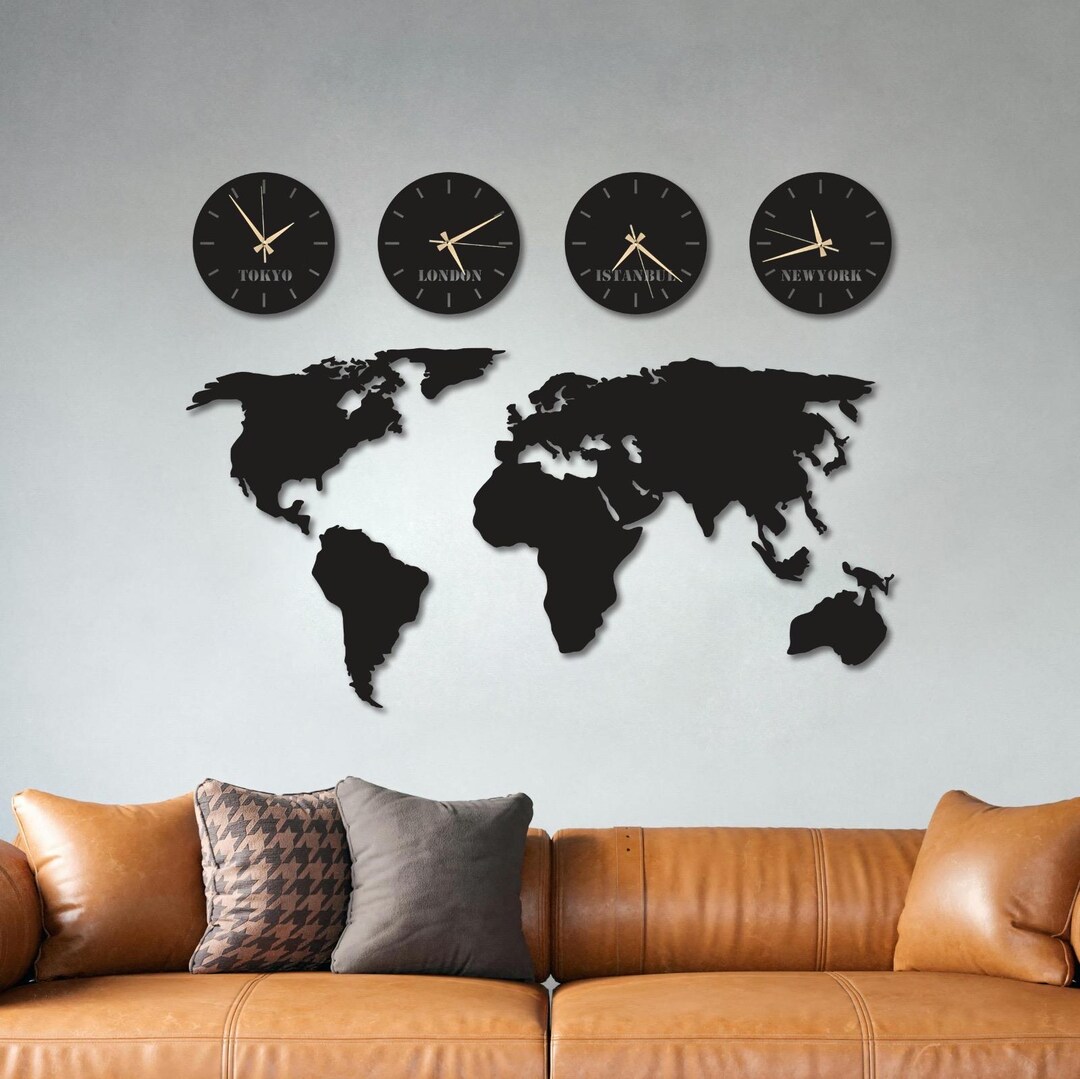 Metal World Map and Clocks Wall Art, World Map Metal Set Office Wall ...