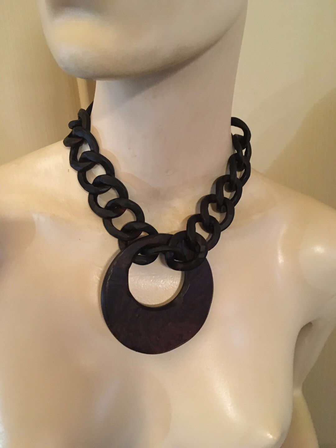 Vintage Dark Wooden Link Chain Necklace With Removable Oversized ...