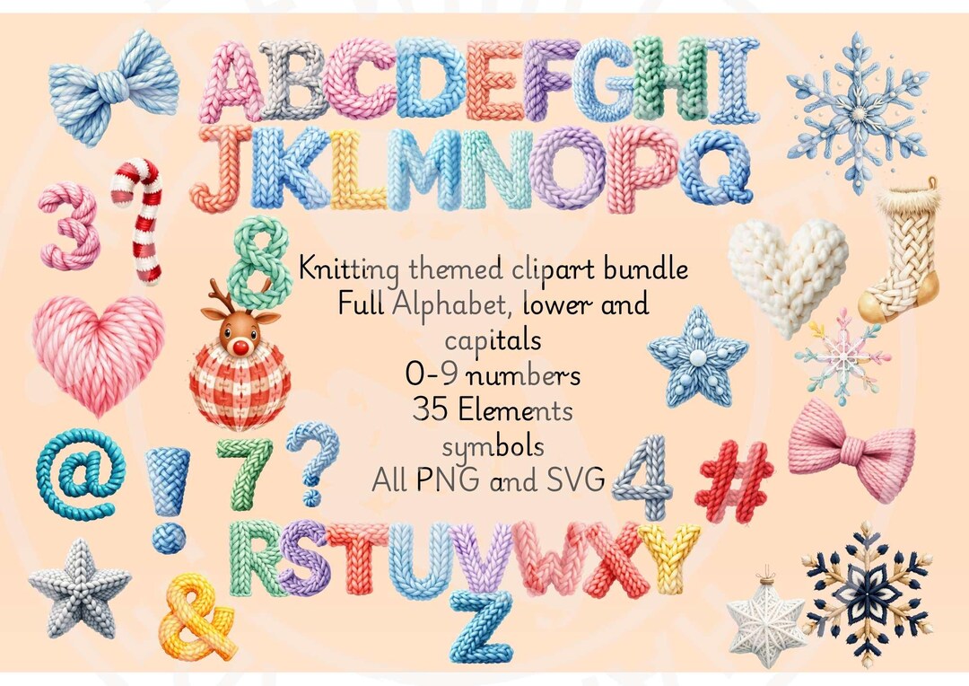 Knitted Alphabet Bundle A–Z + Numbers + Symbols + Clipart • Chunky Wool ...