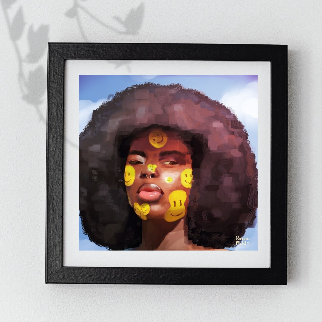 Afro Hair Art Print With Smiley Faces, Black Hair Art, Square Unframed ...