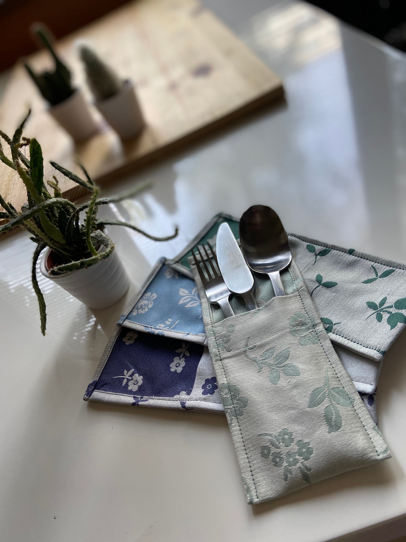 Porte-couverts, Ensemble 4, tissu 100% coton, bleu clair - Etsy France