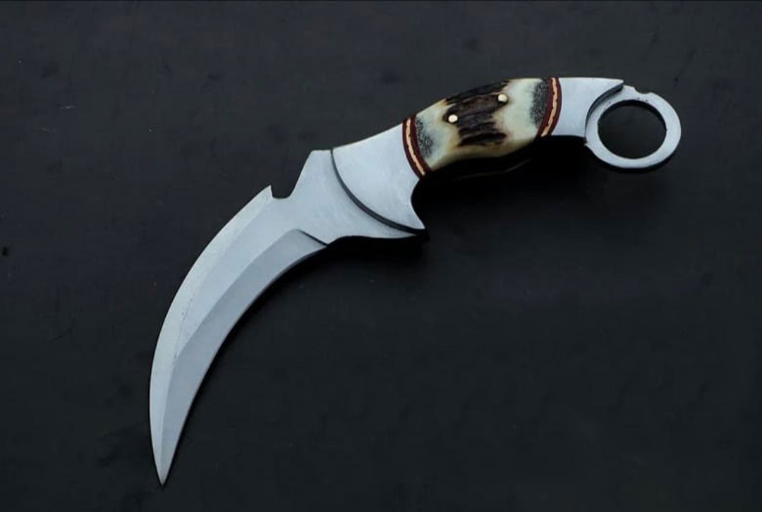 D2 Steel Karambit Knife With Stag Horn Handle, Leather Sheath - Etsy
