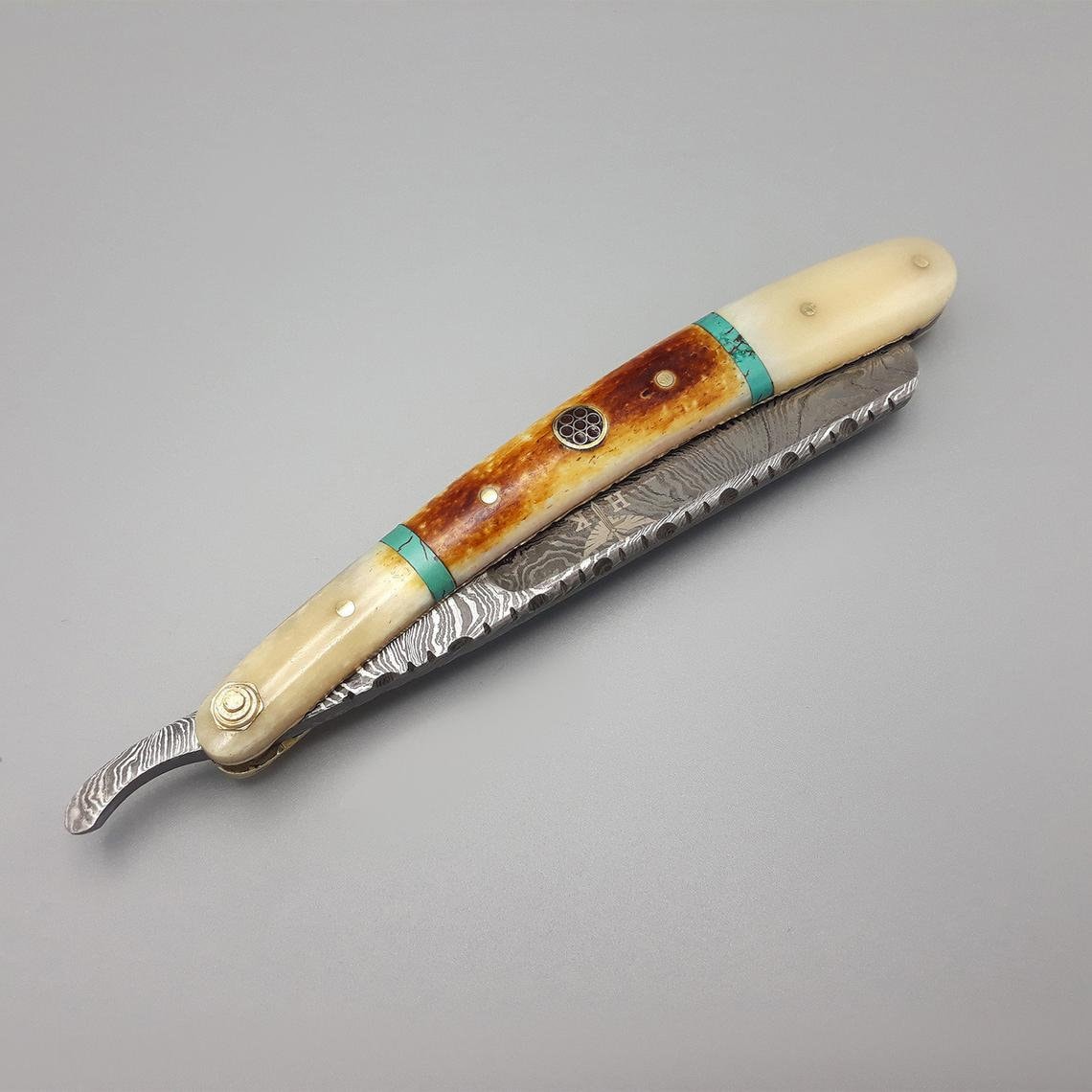 Damascus Straight Razor, Bone Handle & Leather Sheath - Etsy