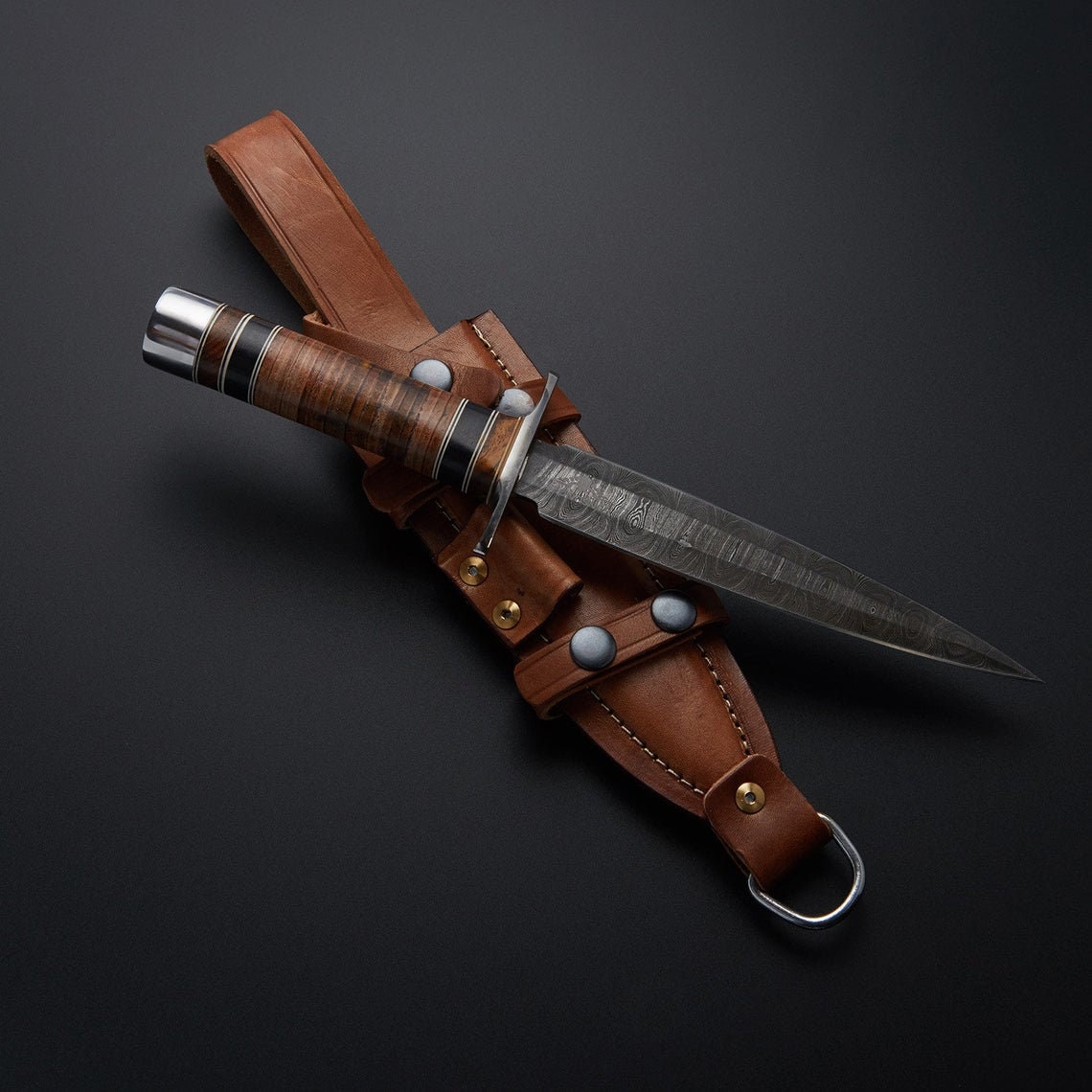 Damascus Dagger With Beautiful Leather Handle With Leather Sheath - Etsy