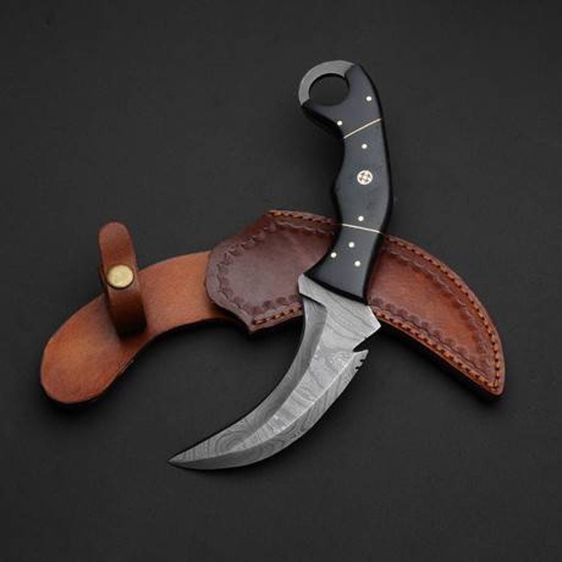 Damascus Karambit Knife With Bull Horn Handle & Leather Sheath - Etsy