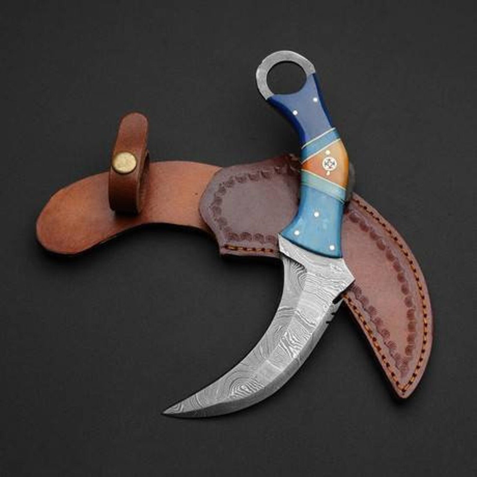 Damascus Karambit with Beautiful Resin handle with leather | Etsy