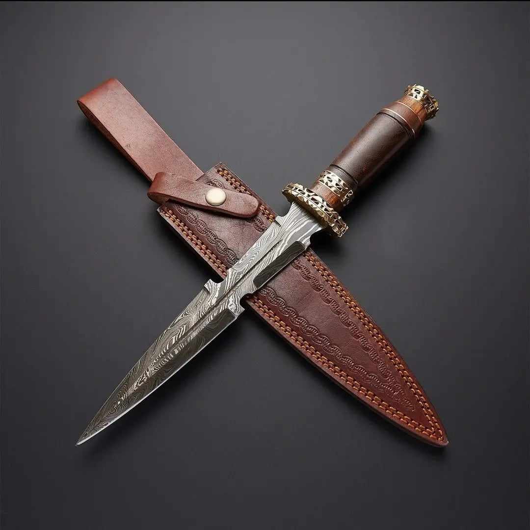 Damascus Steel Dagger With Beautiful Brass & Wood Handle With Included ...