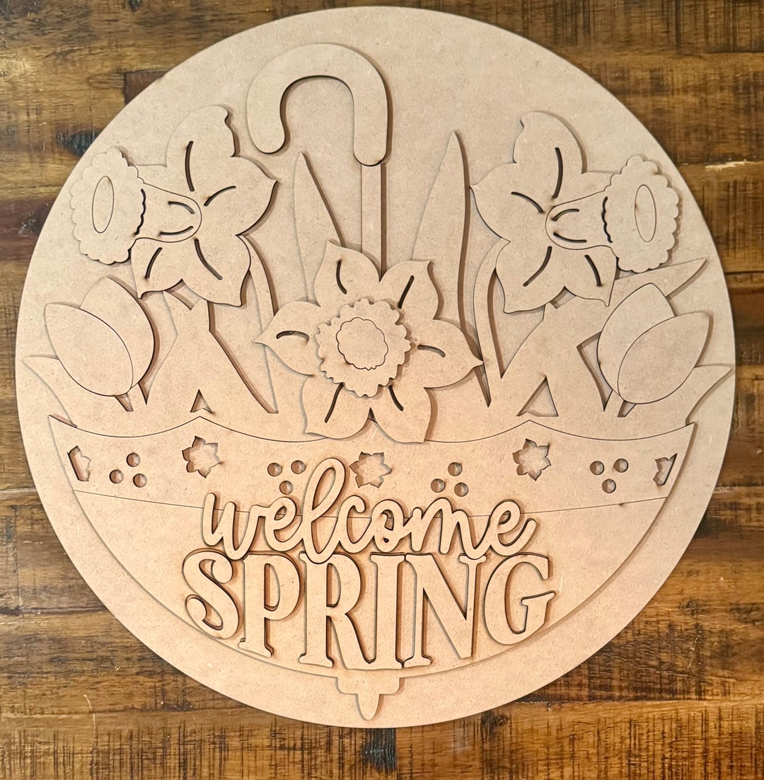 Welcome Spring Door Hanger Umbrella | Spring Flowers | Laser Cut Spring ...