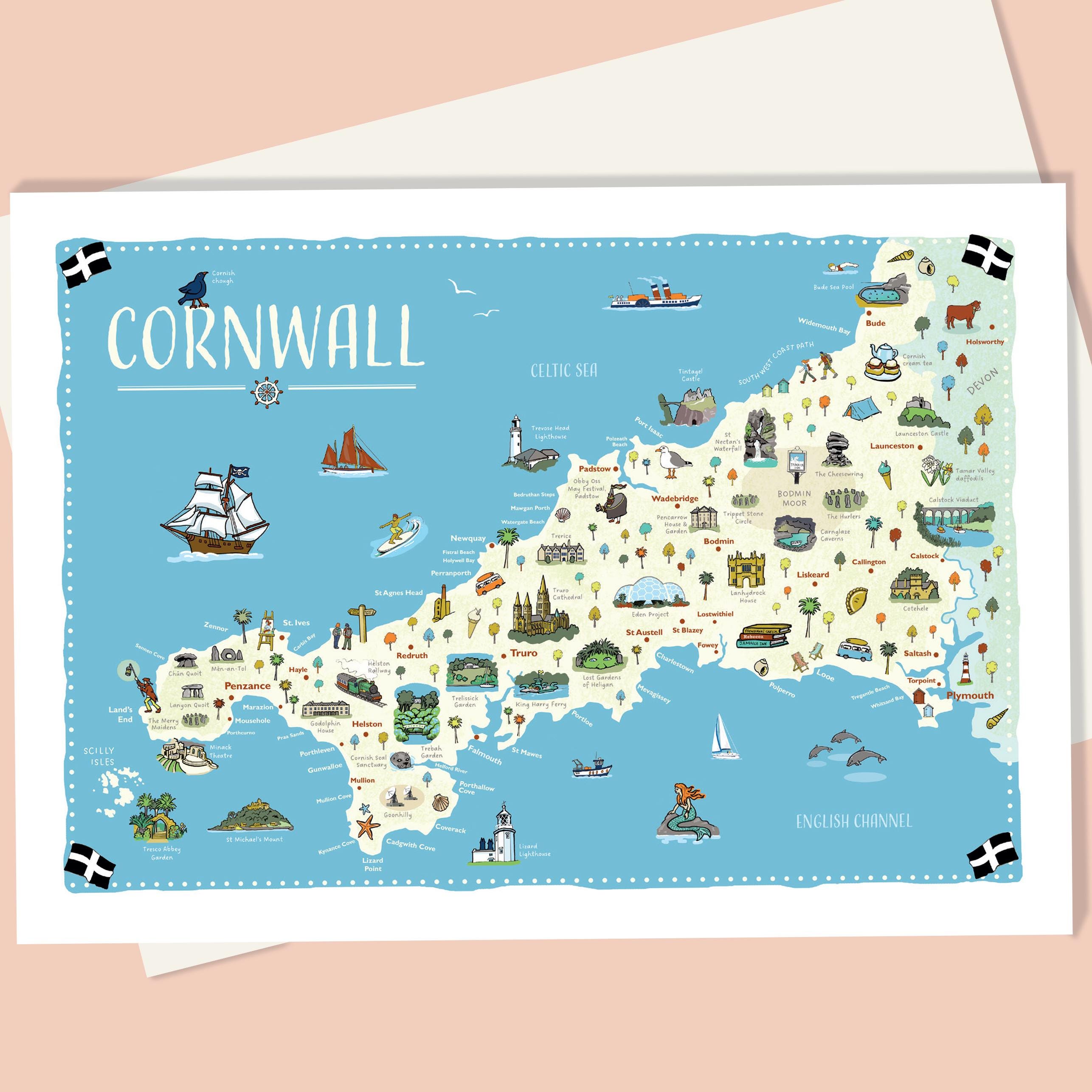 Cornwall Map Greetings Card: Illustrated Cornish Landmarks - Etsy UK