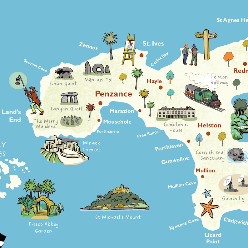 Cornwall Map Greetings Card: Illustrated Cornish Landmarks - Etsy UK