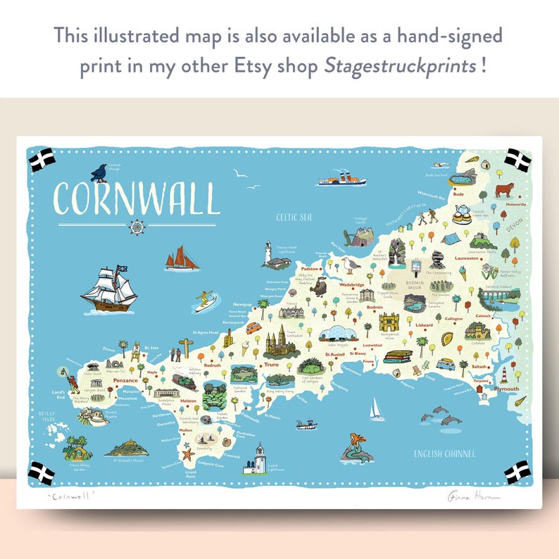 Cornwall Map Greetings Card: Illustrated Cornish Landmarks - Etsy UK
