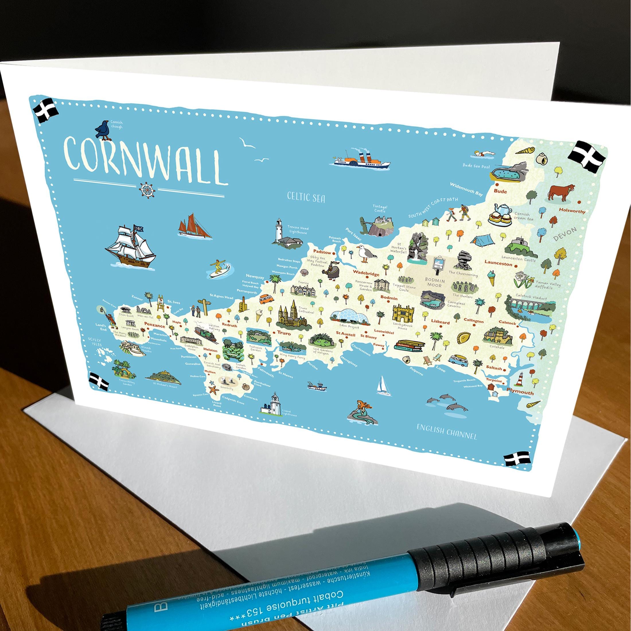 Cornwall Map Greetings Card: Illustrated Cornish Landmarks - Etsy UK