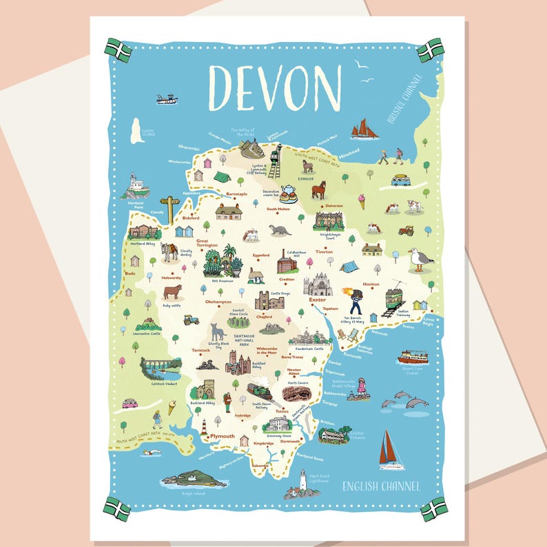 Devon Map Greetings Card: Illustrated Landmarks, Seaside Card - Etsy