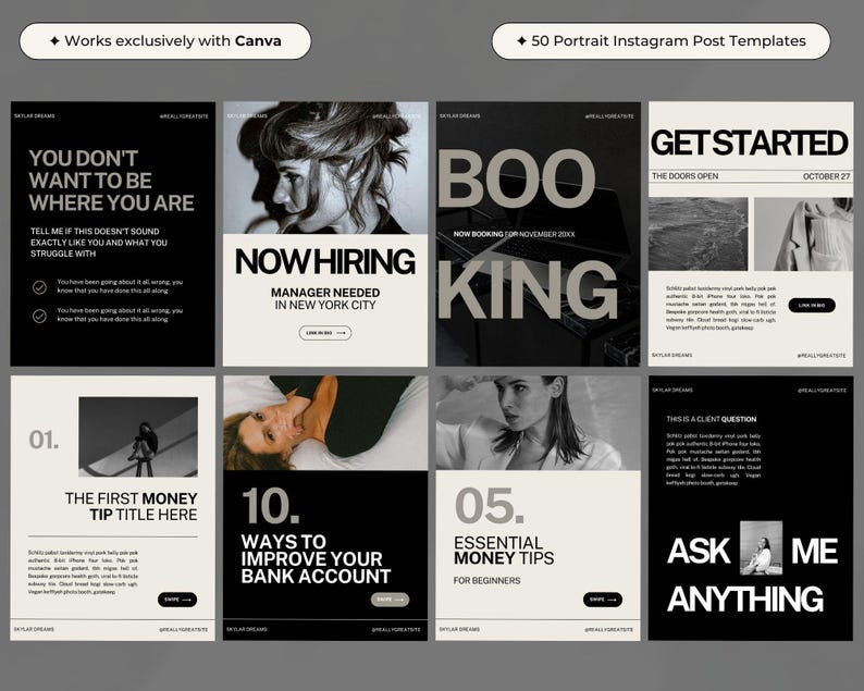 Skylar Dreams Instagram Template Canva | 50 Editable Instagram Posts ...