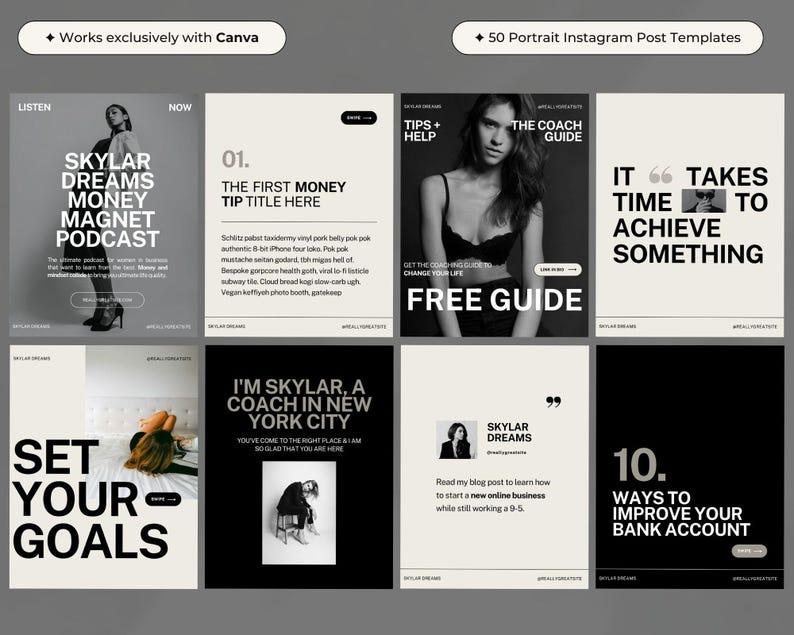 Skylar Dreams Instagram Template Canva | 50 Editable Instagram Posts ...